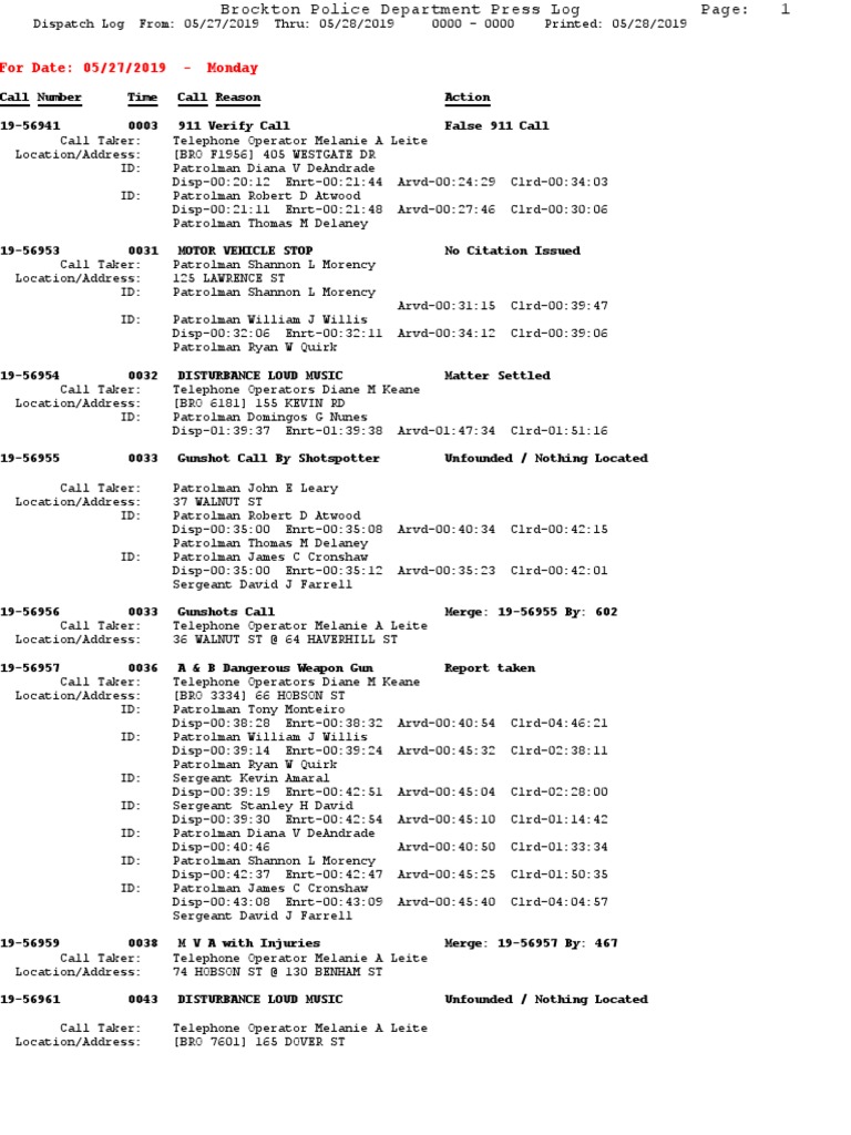 Brockton Police Log May 27, 2019 | PDF | Jargon | Document