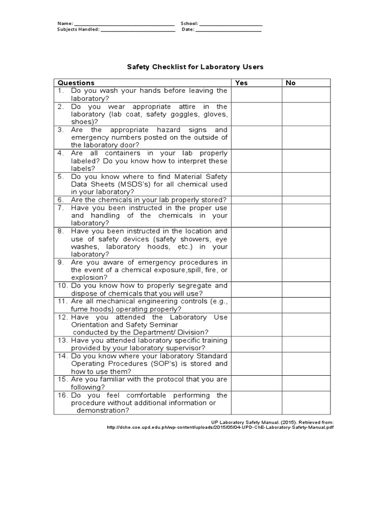 Safety Checklist For Laboratory Users | PDF | Laboratories | Safety