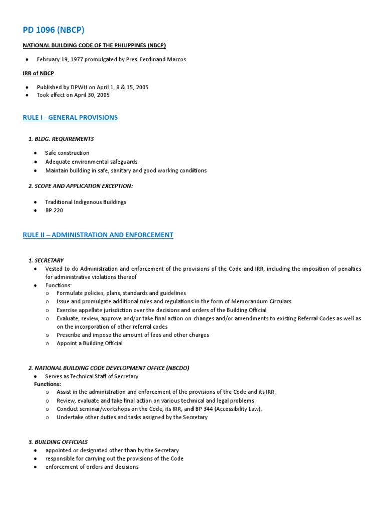 National Building Code - PD 1096 Summary | PDF | Wall | Building Code