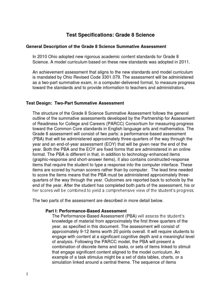 Test Specifications: Grade 8 Science: General Description of The Grade ...