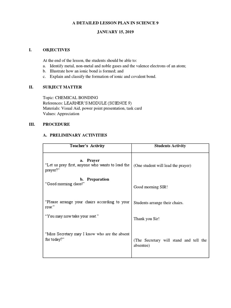 Detailed Lesson Plan on Chemical Bonding | PDF | Covalent Bond | Ionic ...