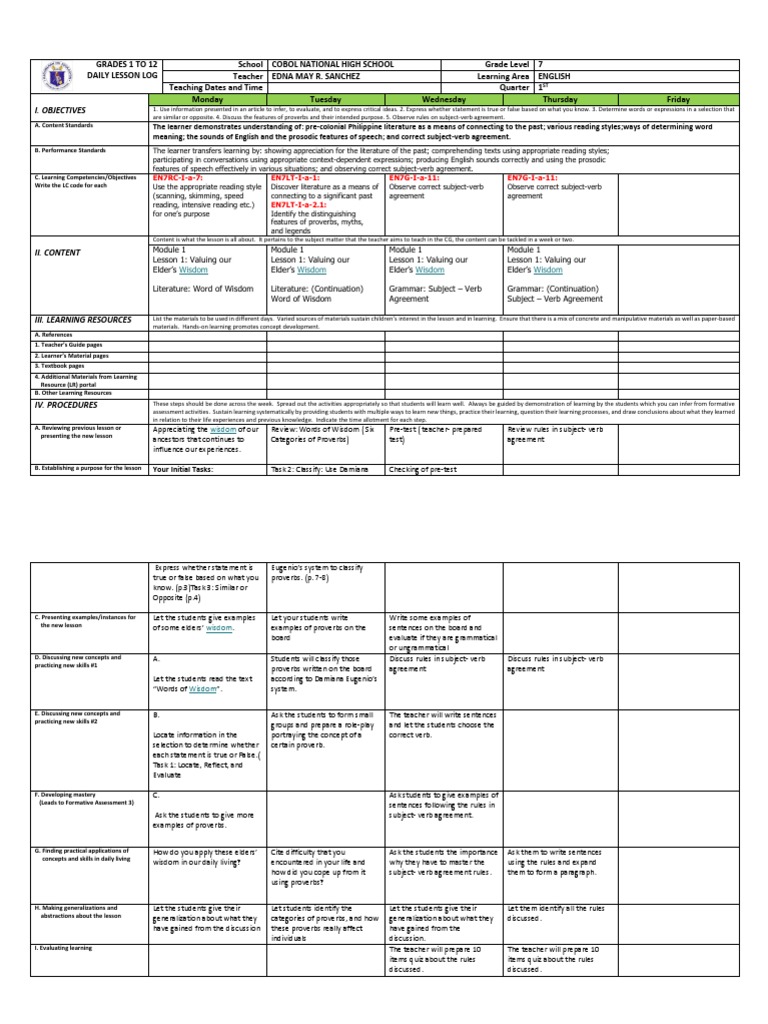 Grade 7 English Daily Lesson Log | PDF | Wisdom | Learning