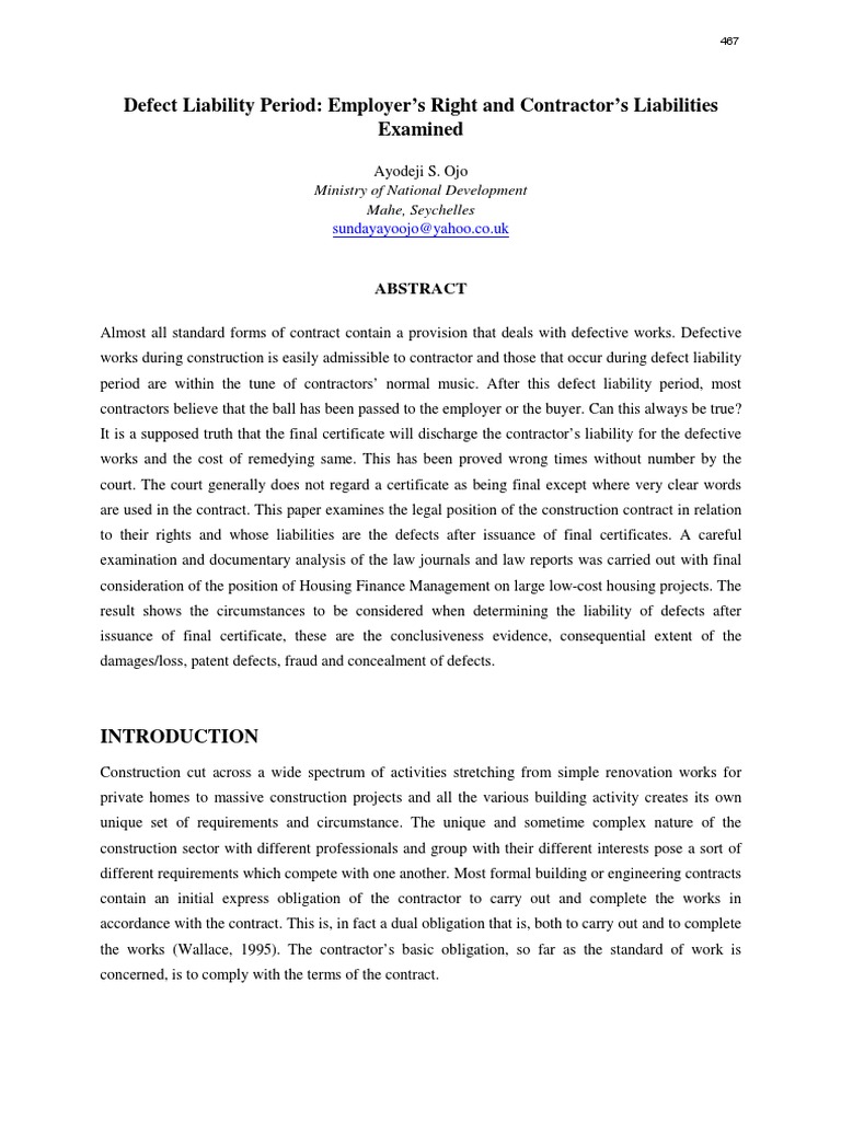 Defect Liability Period: Employer's Right and Contractor's Liabilities ...