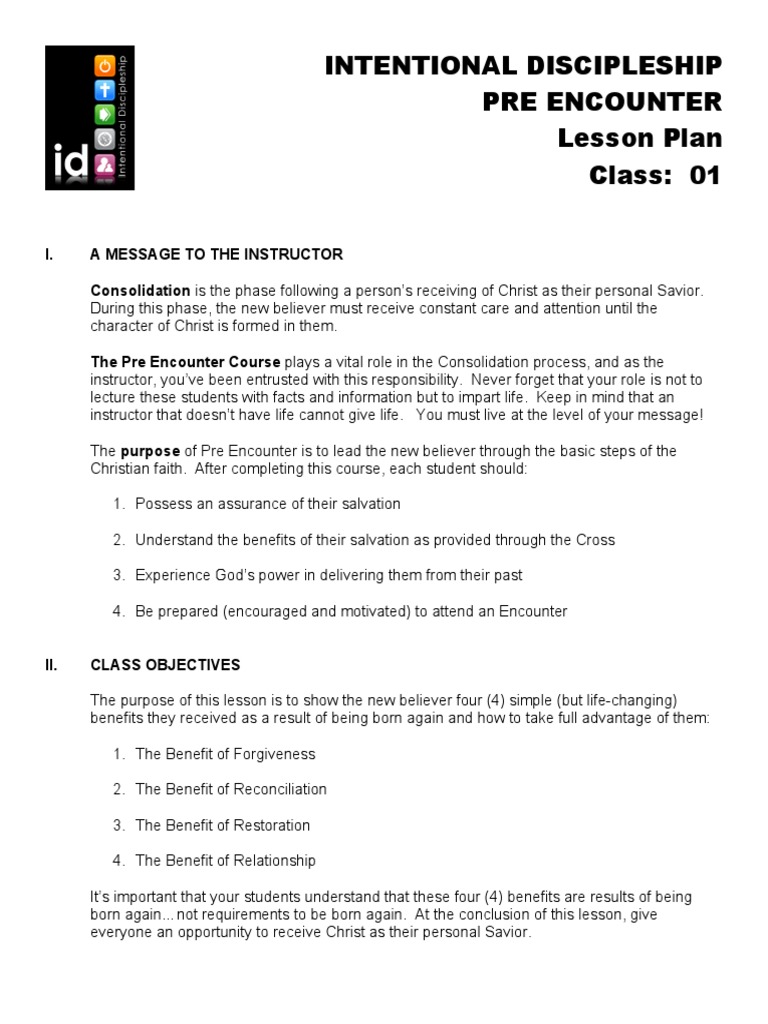 Intentional Discipleship Pre Encounter Lesson Plan Class: 01 | PDF ...