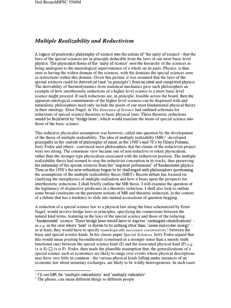 Multiple Realizability and Reductivism | PDF | Reductionism | Metaphysics Of Mind