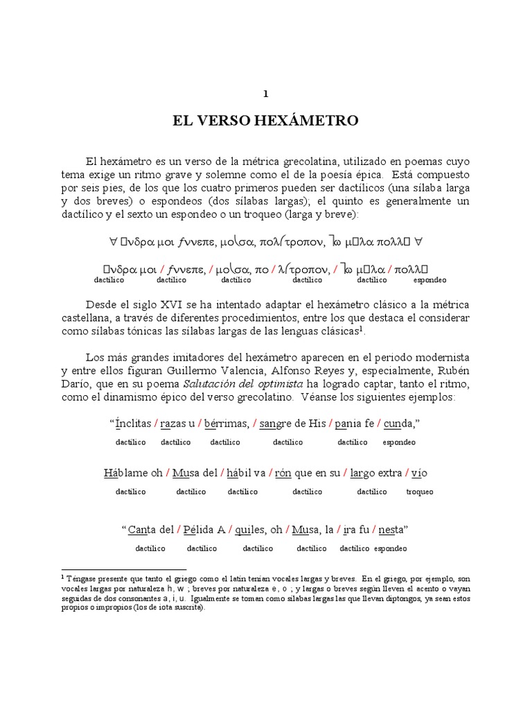 El Verso Hexametro Ejemplos en Griego y Espanol | PDF | Fonética | Poética
