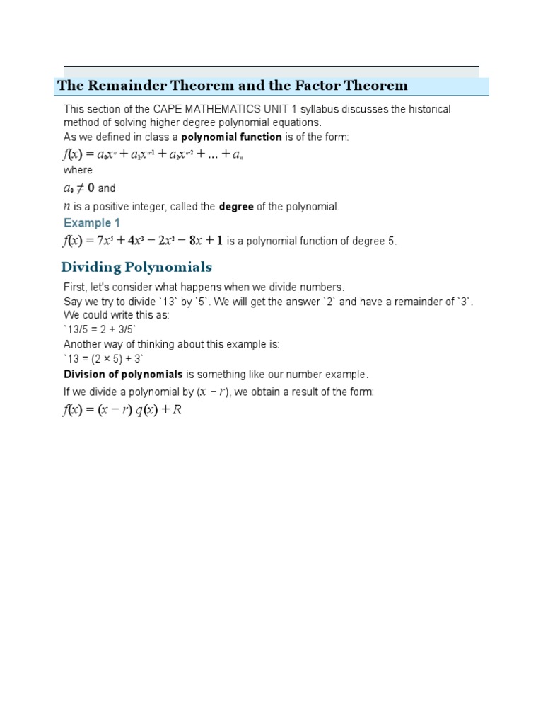 F (X) A X X X A N F (X) 7x: The Remainder Theorem and The Factor Theorem | PDF | Polynomial ...