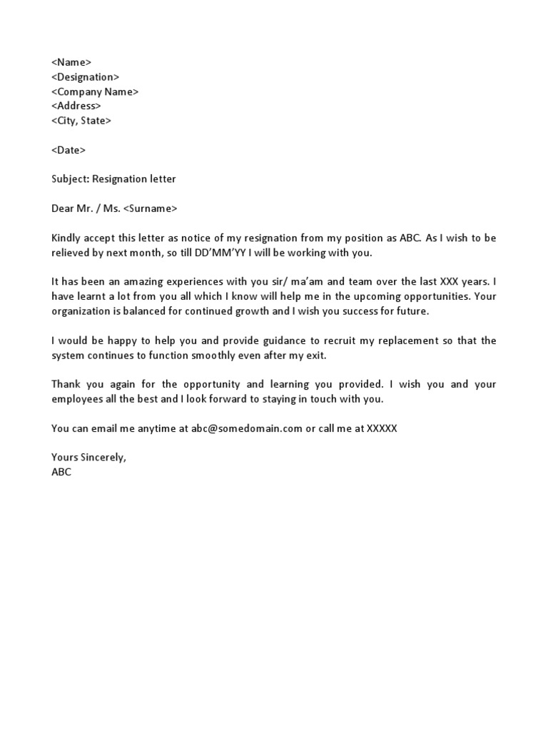 Resgination Letter With Notice Period Print Pdf
