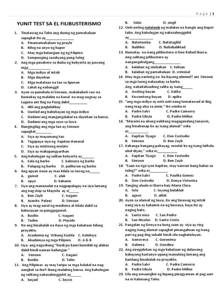 El Filibusterismo Exam | PDF