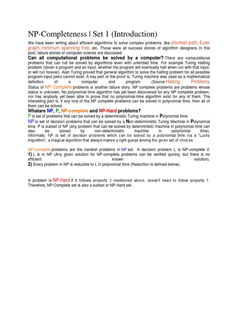 Np Completeness Set 1 Introduction Shortest Path Euler Graph Minimum Spanning Tree Pdf