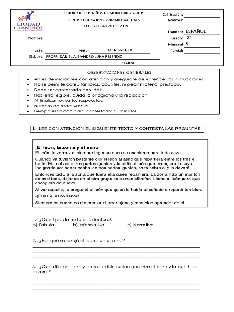 Examen Español 2do | PDF