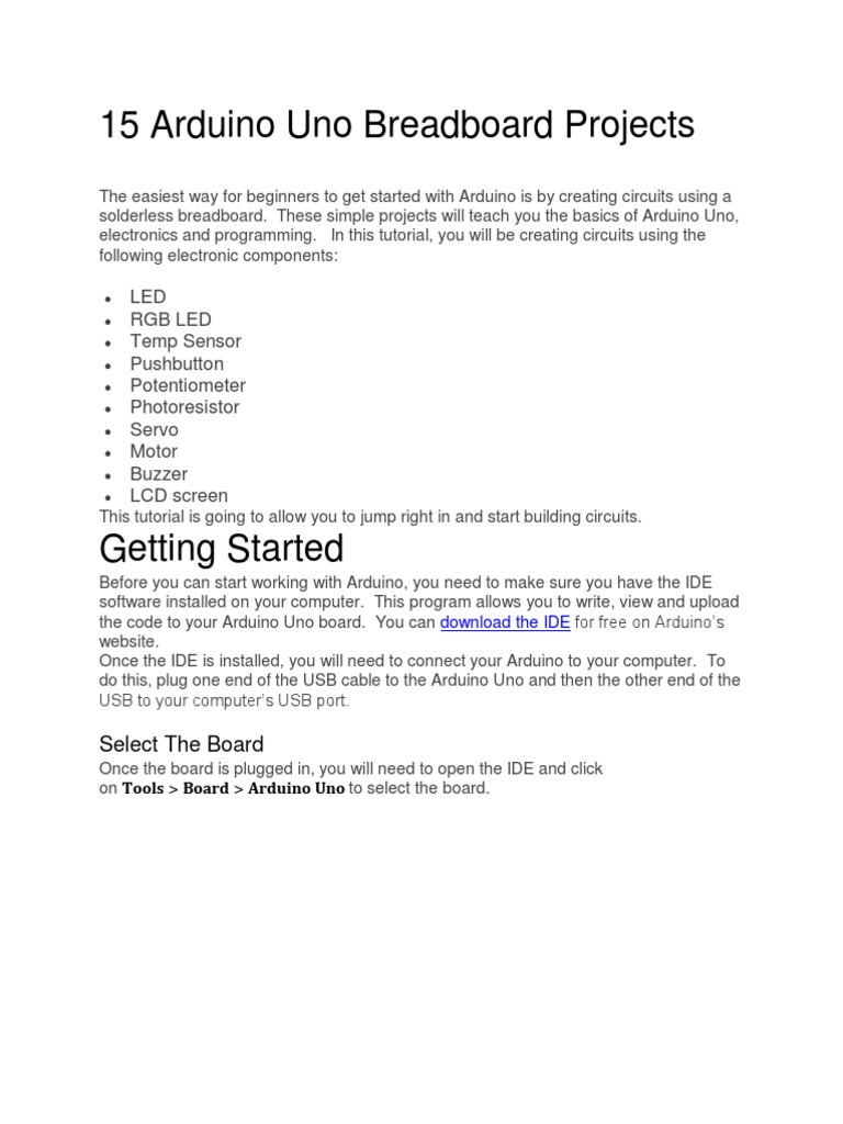 15 Arduino Uno Breadboard Projects | PDF | Arduino | Electronics