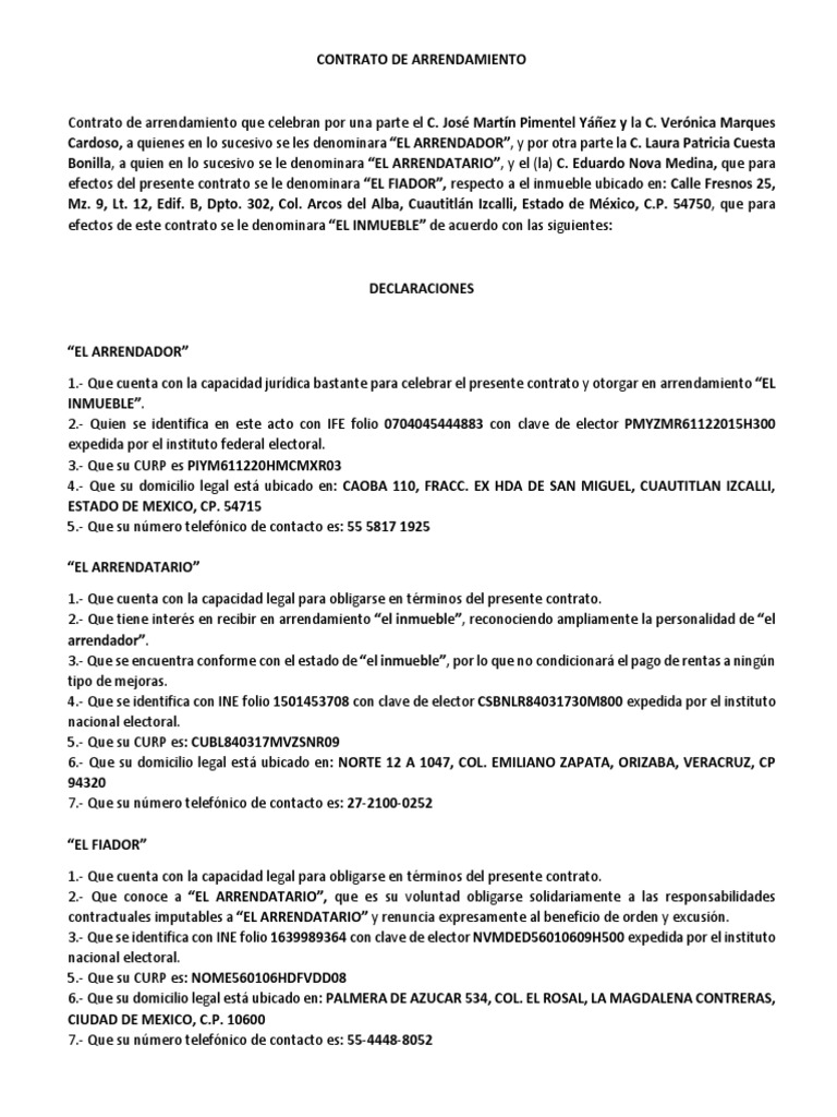 Contrato de Renta Ejemplo | PDF | Alquiler | Bancos
