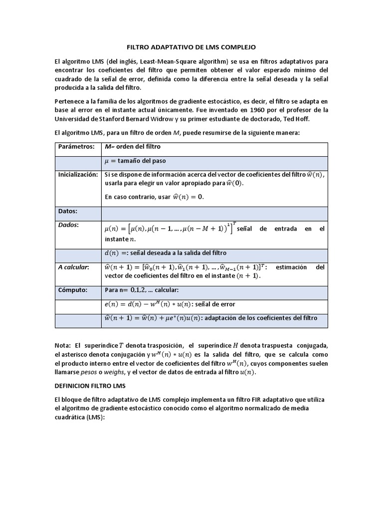 Filtro Adaptativo de Lms Complejo | PDF | Matemáticas Aplicadas ...