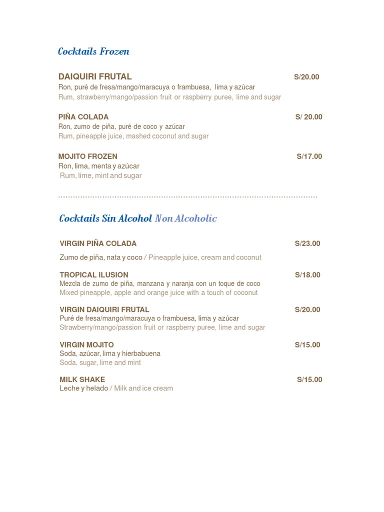 Non-Alcoholic Frozen Cocktails Menu | PDF