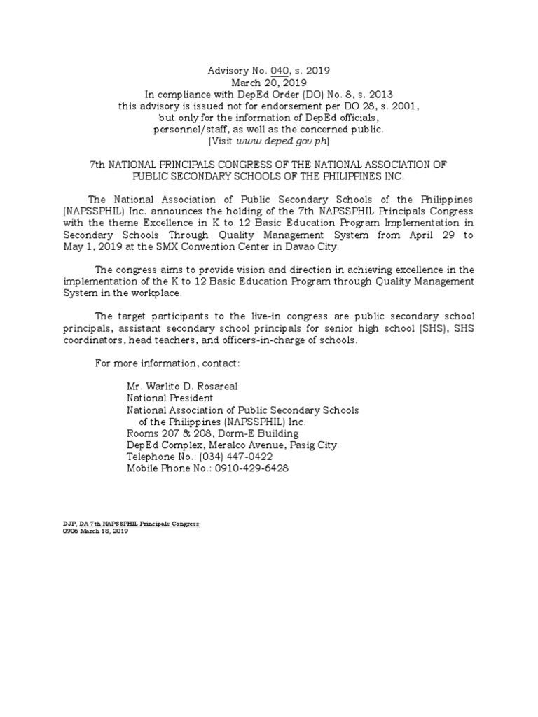 DJP, DA 7th NAPSSPHIL Principals Congress 0906 March 18, 2019 | PDF