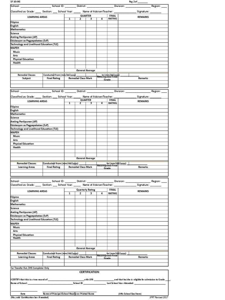 School Form 10 SF10 Learner's Permanent Academic Record For Junior High ...