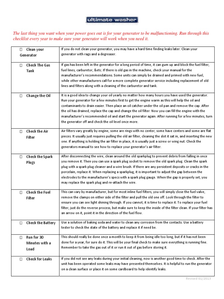 Generator Maintenance Checklist | PDF | Vehicle Parts | Machines