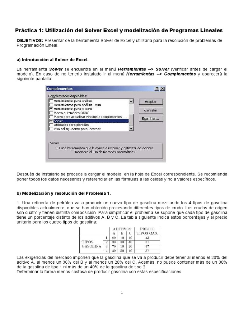 Solver Excel para Programación Lineal | PDF | Gasolina | Microsoft Excel