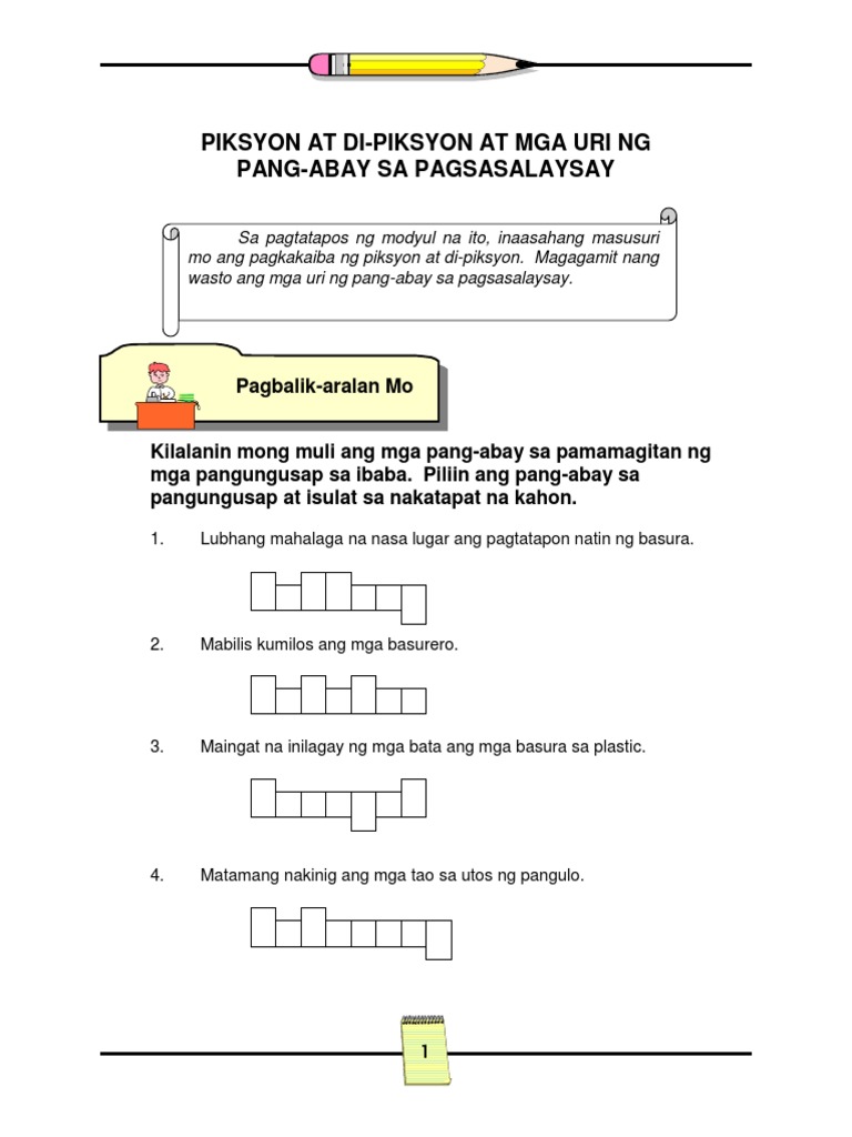 18 - Piksyon at Di-Piksyon at Mga Uri NG Pang-Abay Sa Pagsasalaysay | PDF