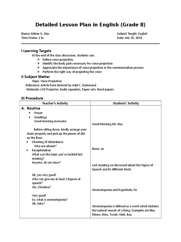 Detailed Lesson Plan in English Grade 8 | PDF