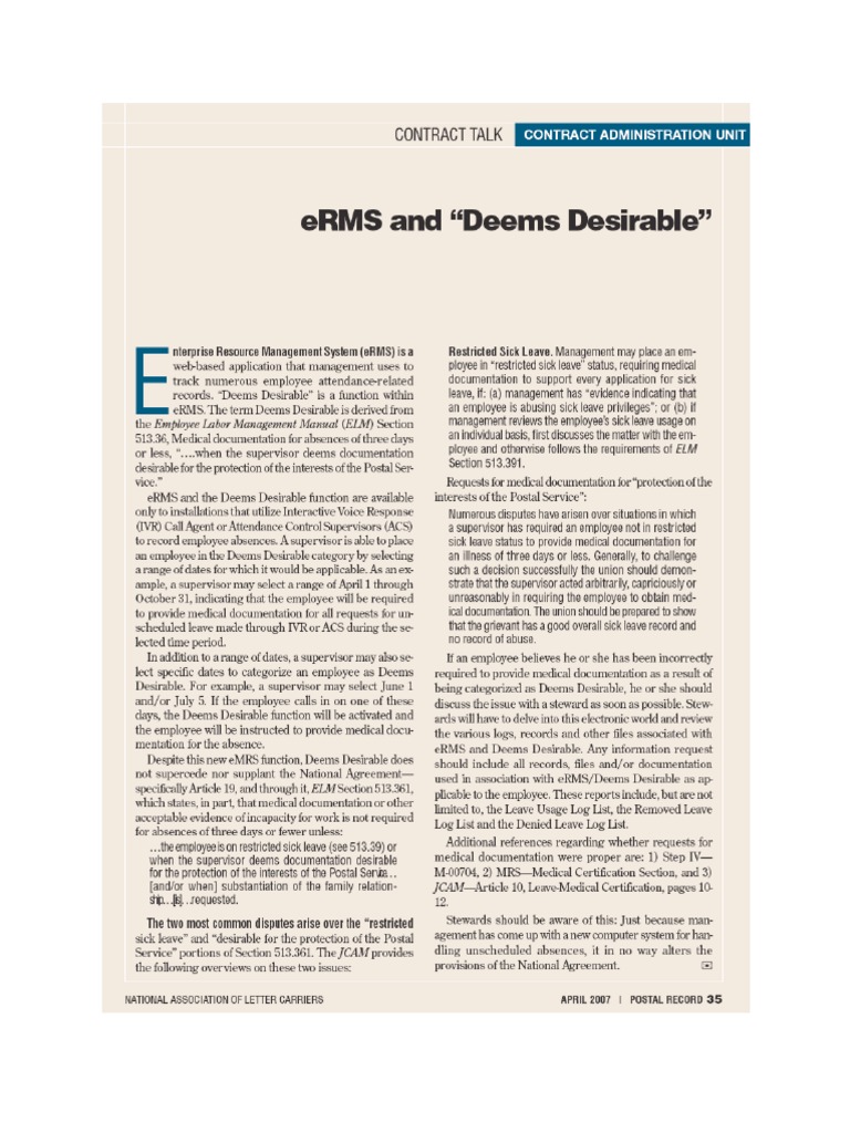 eRMS and Deems Desirable - Postal Record - April, 2007 PDF | PDF