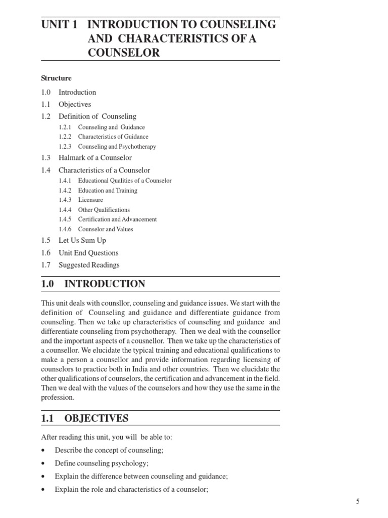 Unit 1 Introduction To Counseling and Characteristics of A Counselor ...