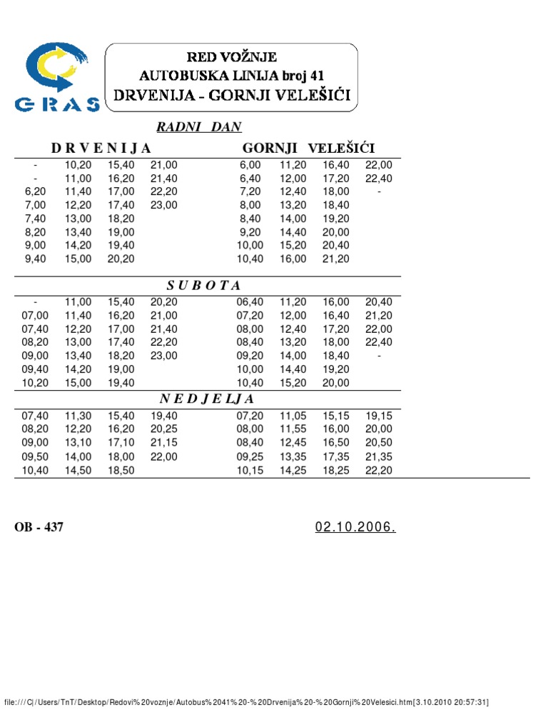 Autobus 41 Red Vožnje Drvenija-Velešići | PDF | System Software ...