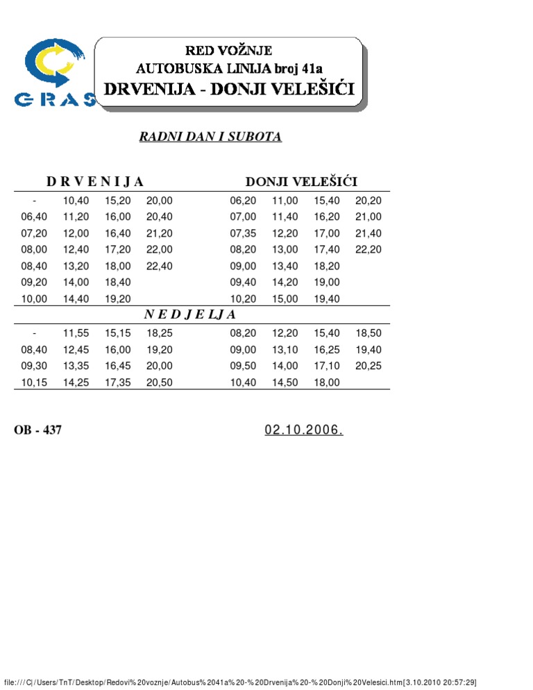 Autobus 41a - Drvenija - Donji Velesici | PDF