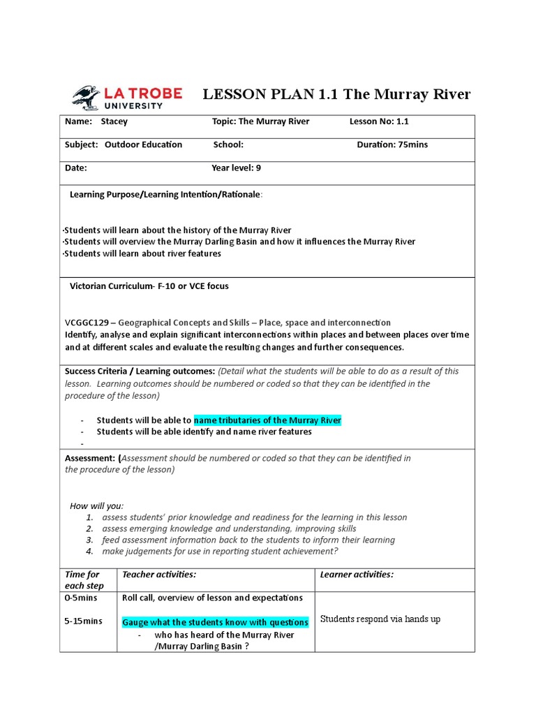 Lesson Plan Introduction To The Murray River and Hydrology | PDF ...