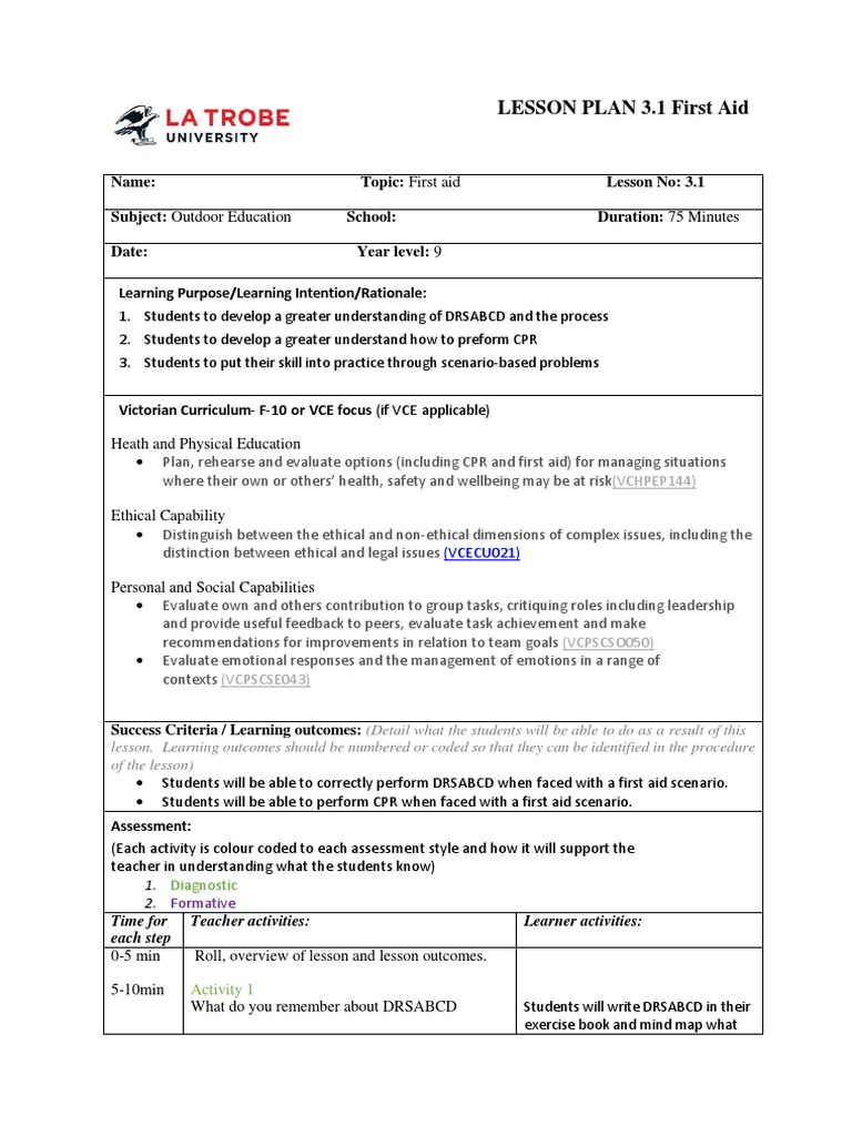 Lesson Plan First Aid 1 | PDF | Behavioural Sciences | Education Theory