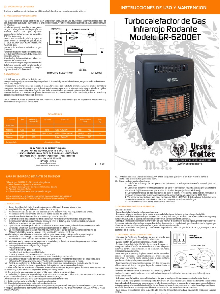 Calefactor Ursus Trotter GR-6200ET Manual | PDF | Horno | Enchufes y tomas de corriente alterna