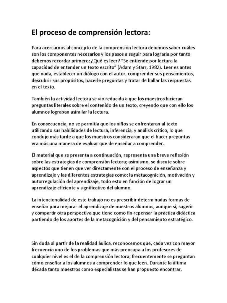 El Proceso de Comprensión Lectora | PDF | Comprensión lectora | Comprensión