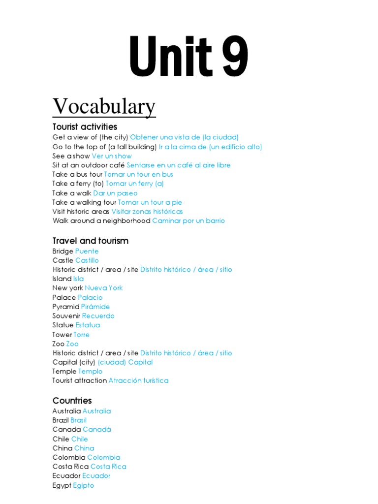 Vocabulario de la Unidad 9: Actividades Turísticas | PDF | Idiomas