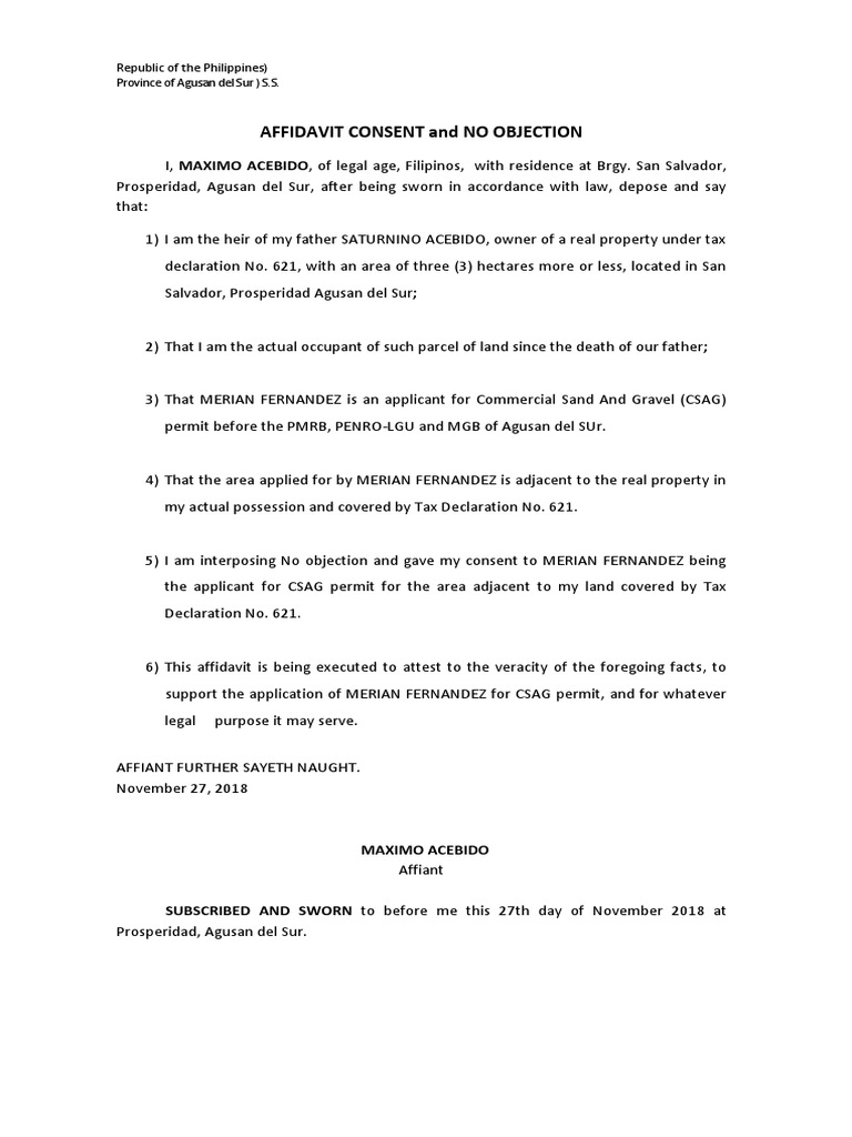 Affidavit Consent and No Objection: Republic of The Philippines) Province of Agusan Del Sur) S.S ...