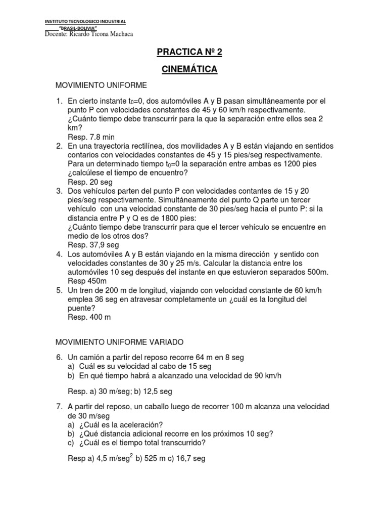 Practica Cinematica 2 | PDF | Cinemática | Velocidad