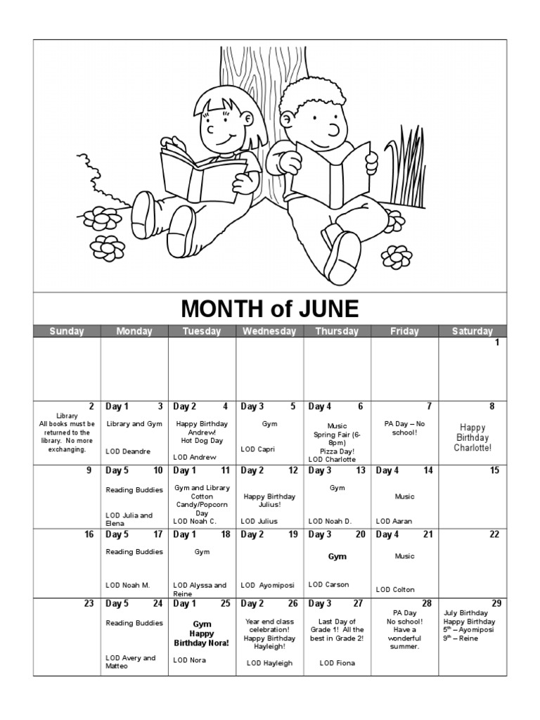 Month of June: Sunday Monday Tuesday Wednesday Thursday Friday Saturday ...