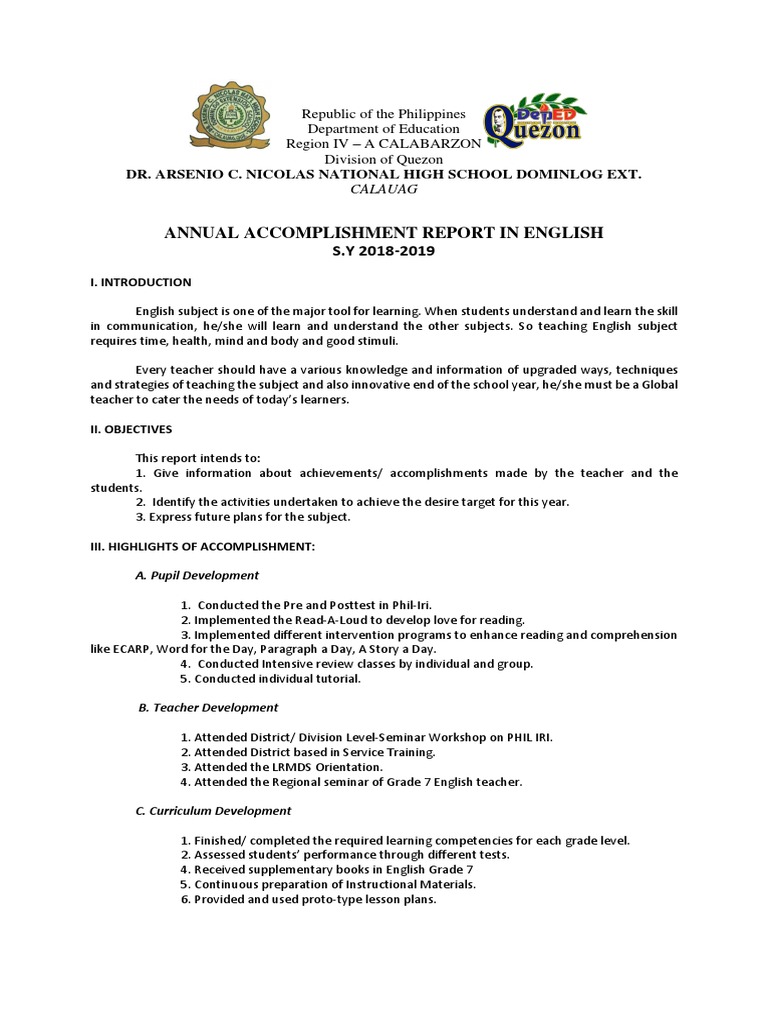 English Accomplishment | PDF | Reading Comprehension | Teachers