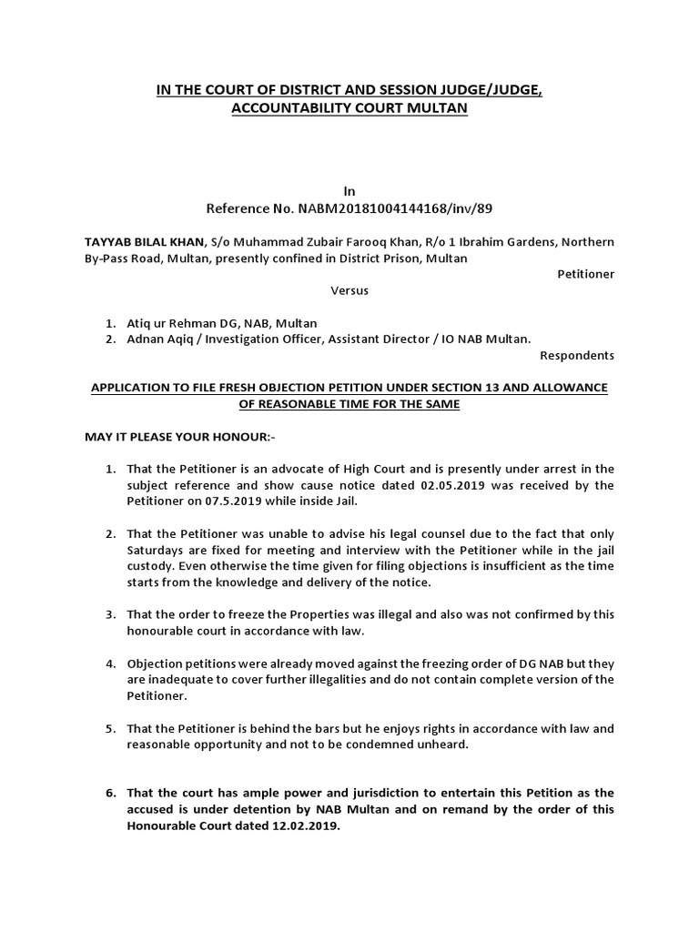 Appliction To File Objection Petition Under Section 13 | PDF | Judiciaries | Justice