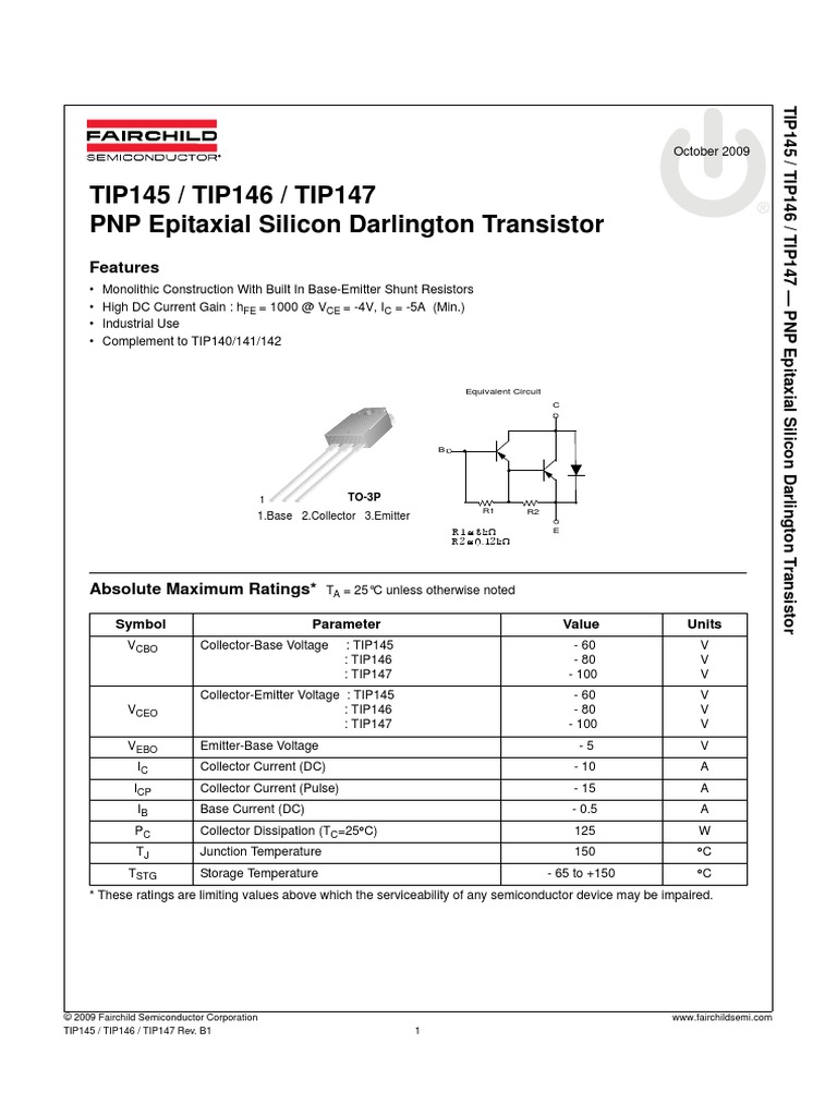 TIP145 / TIP146 / TIP147 PNP Epitaxial Silicon Darlington Transistor ...