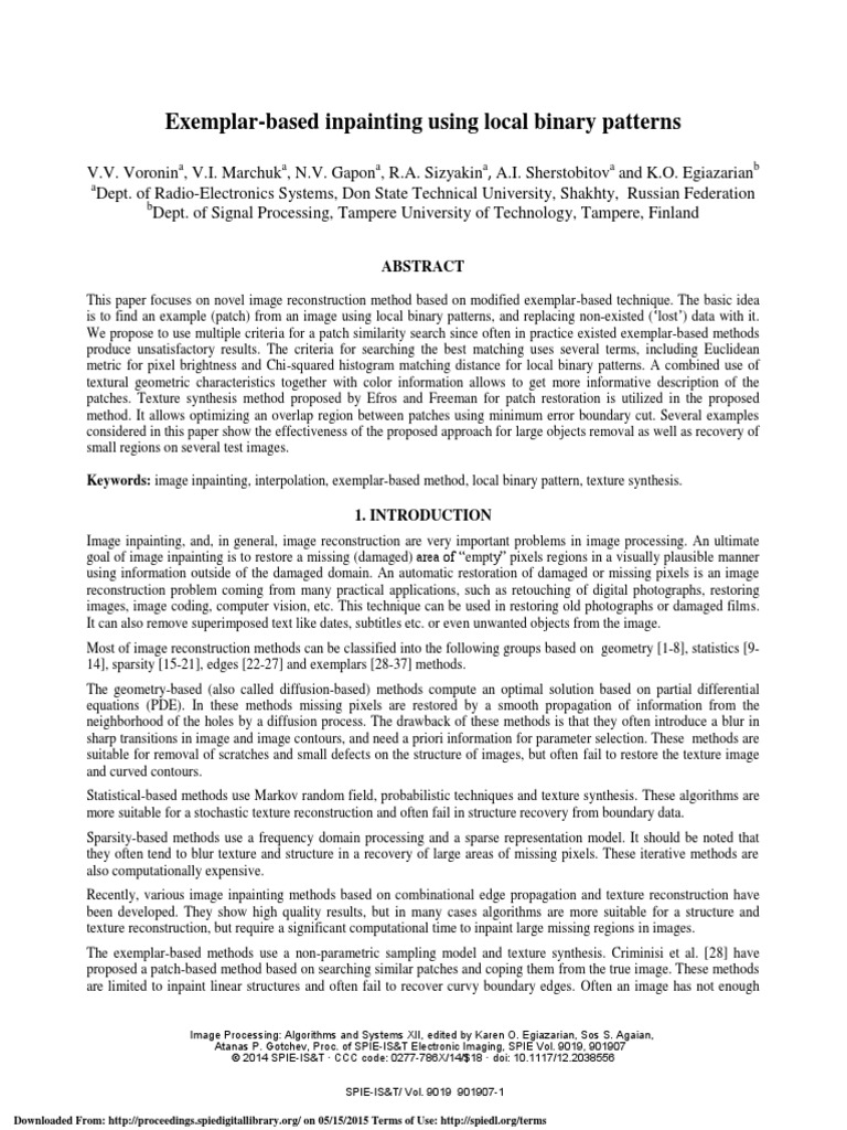 Exemplar-Based Inpainting Using Local Binary Patterns | PDF | Integer ...
