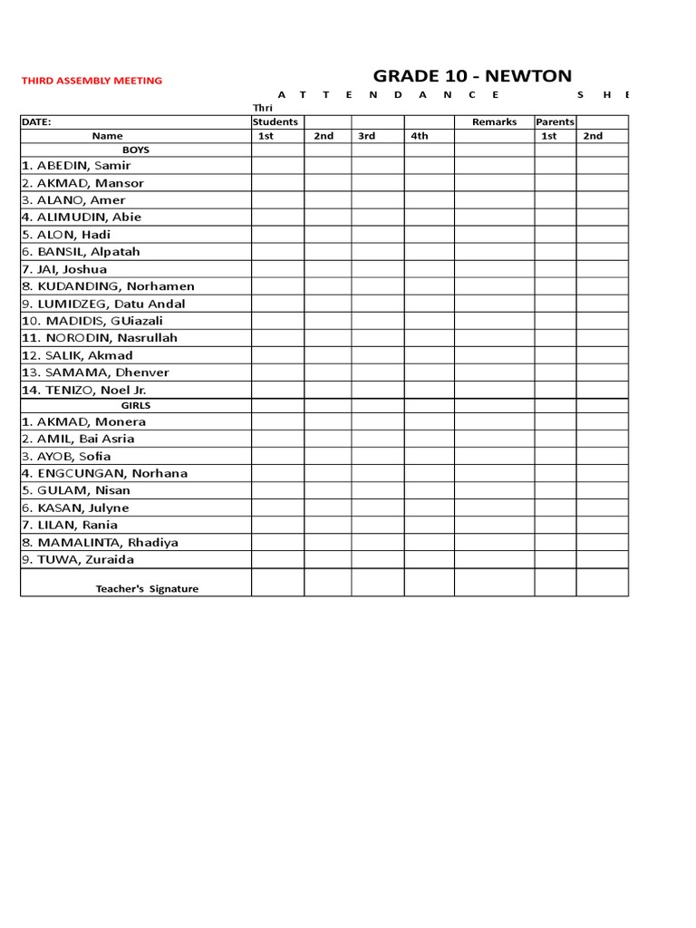 Grade 10 Assembly Attendance Sheet | PDF