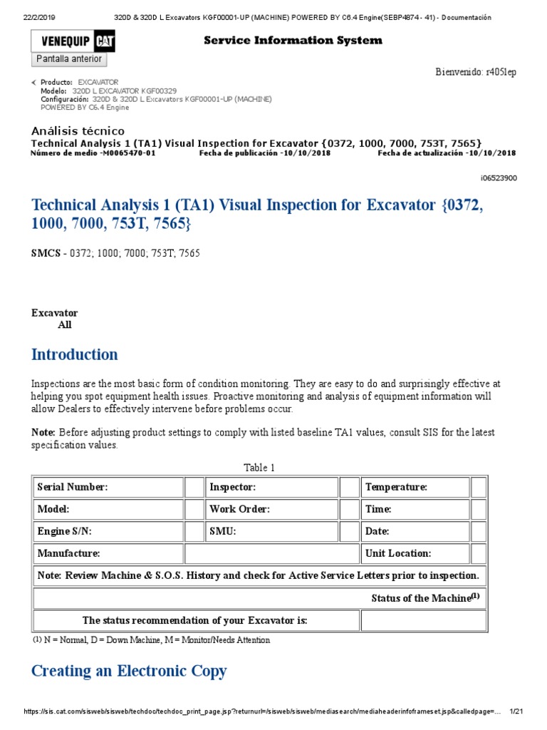 Inspeccion Ta1 Excavadora Caterpillar 320 DL | PDF | Turbocharger ...