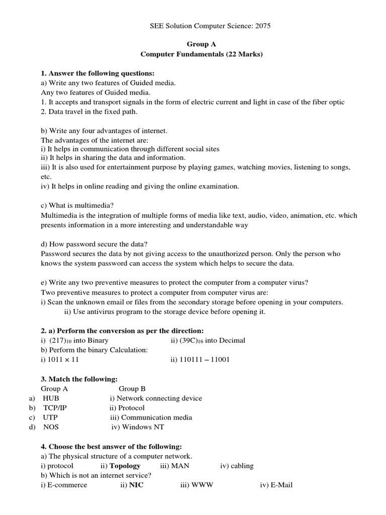 SEE Solution Computer Science 2075 | PDF | Network Topology | Computer ...