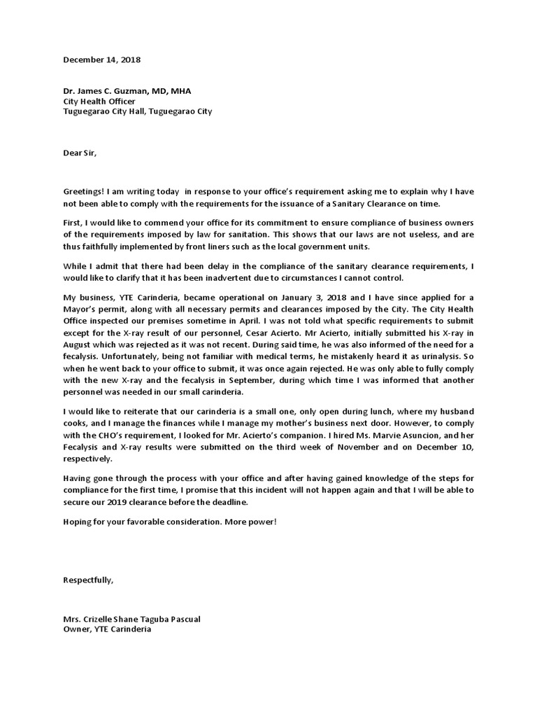 Letter of Explanation For The Late Compliance of Sanitary Clearance | PDF