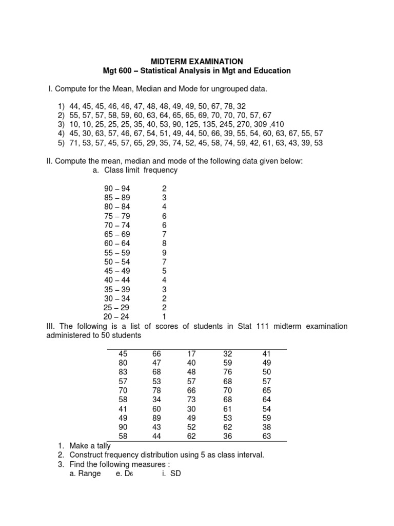 Midterm Examination Mgt 600 Statistical Analysis In Mgt And Education