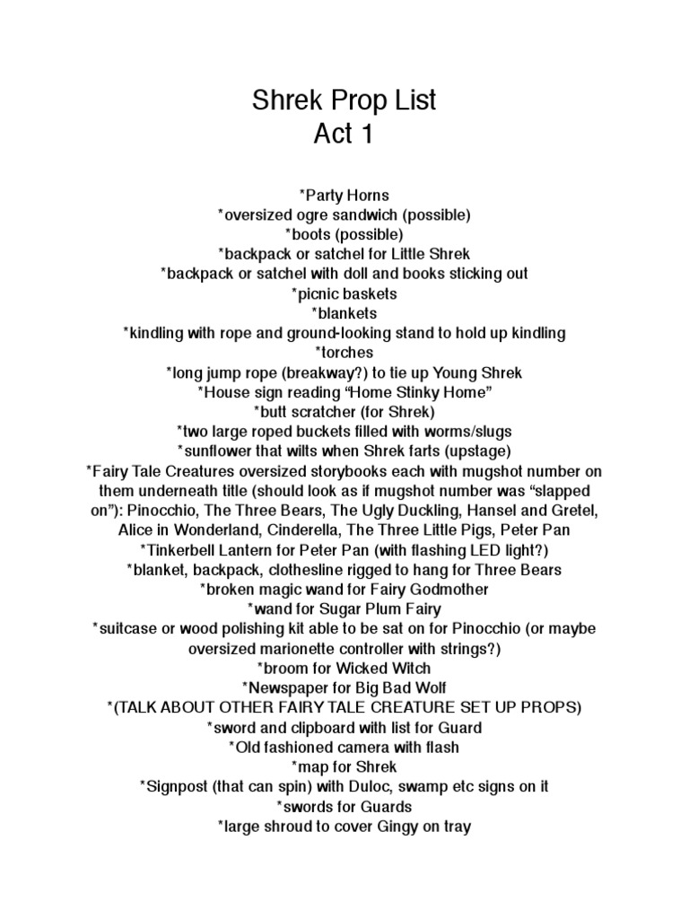 Shrek Prop List | PDF | Leisure