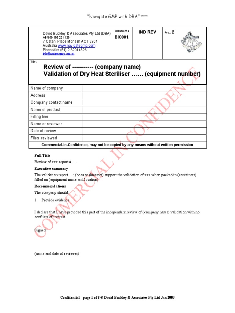 Review of - (Company Name) Validation of Dry Heat Steriliser (Equipment ...