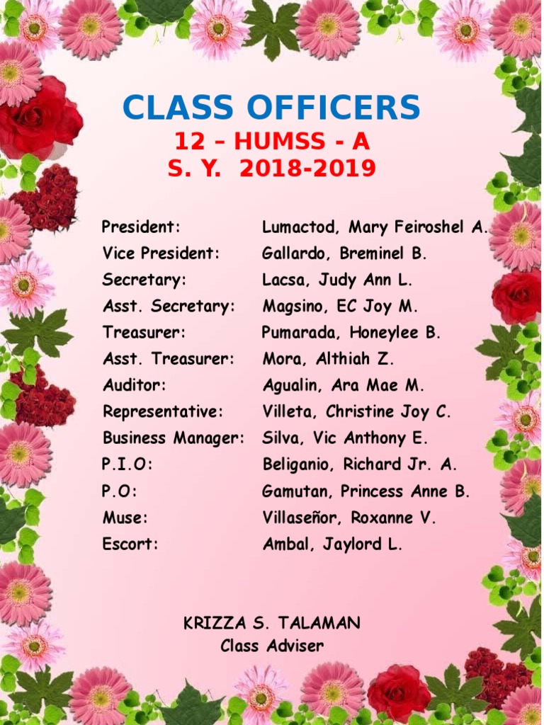 Class Officers List for HUMSS 2018-2019 | PDF