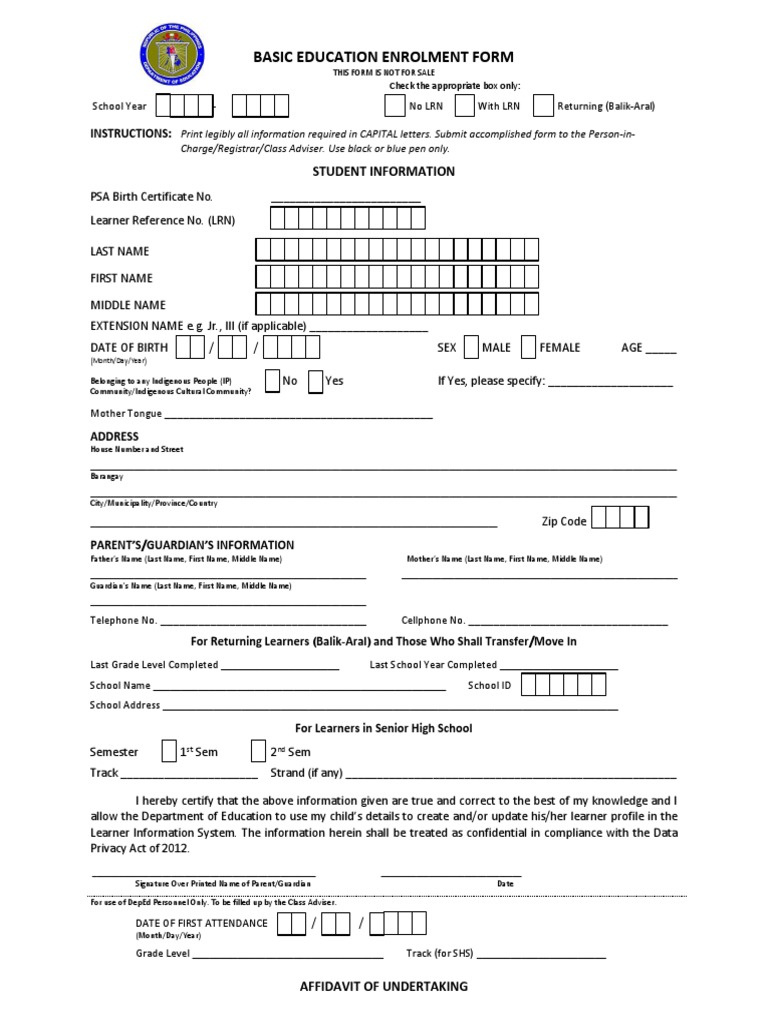 Basic Education Enrolment Form | PDF | Credential | Birth Certificate